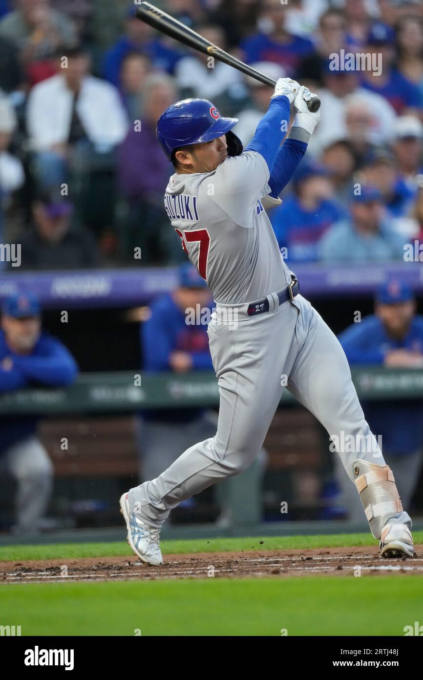 Chicago Cubs right fielder Seiya Suzuki (27) in the second inning of a ...
