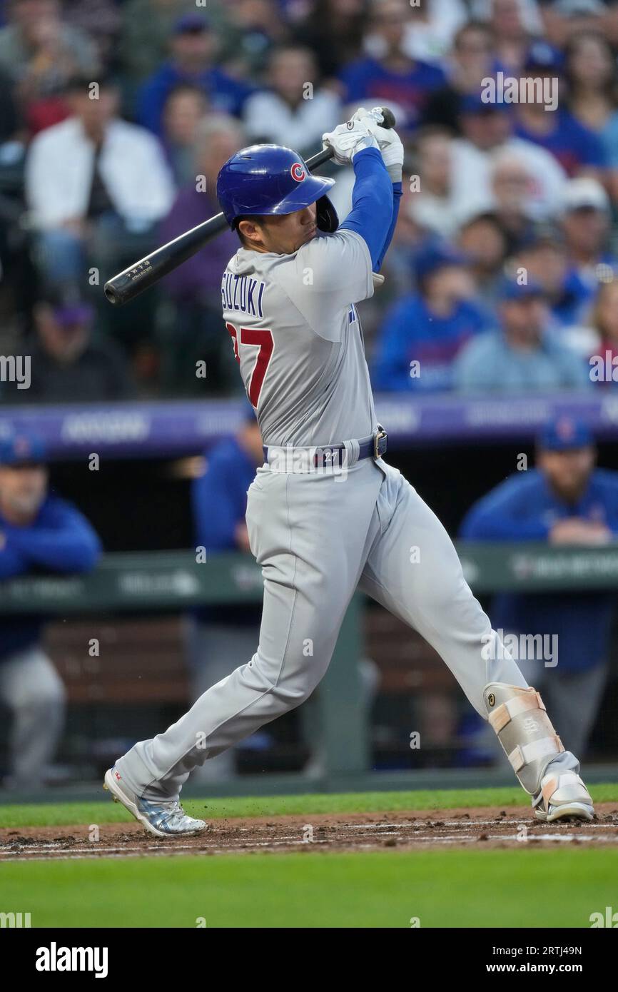 Chicago Cubs right fielder Seiya Suzuki (27) in the second inning of a ...
