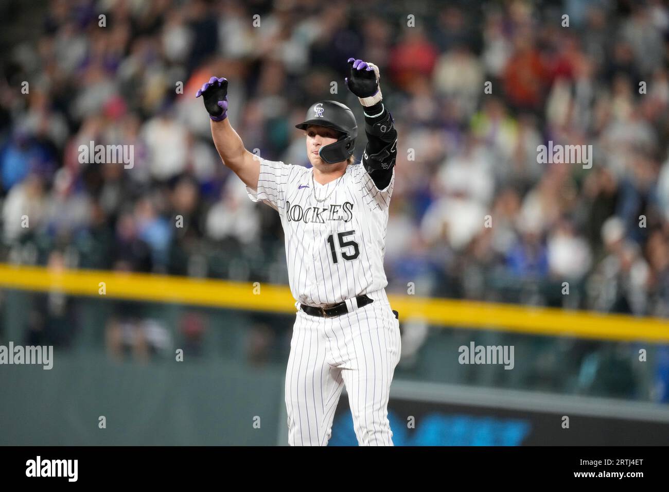 Colorado Rockies first baseman Hunter Goodman (15) in the seventh ...