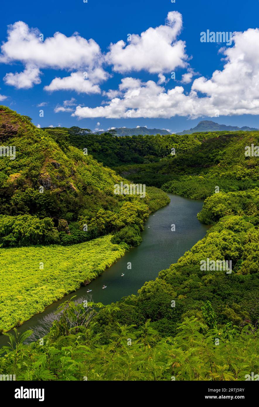 Kayakers on the famous Wailua river which flows near Secret Grotto on ...