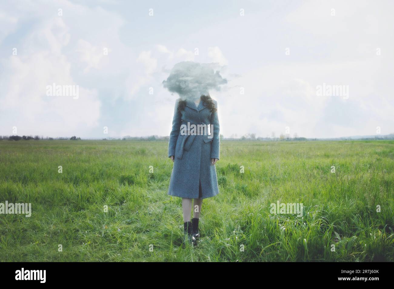 surreal cloud flies in front of a woman's face hiding her, abstract ...