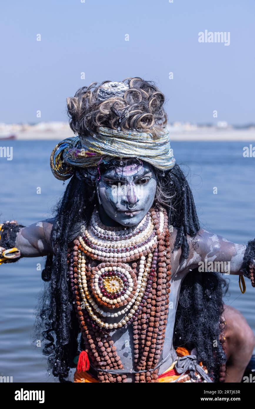 Masan Holi, Portrait of an male artist with painted face act as lord ...