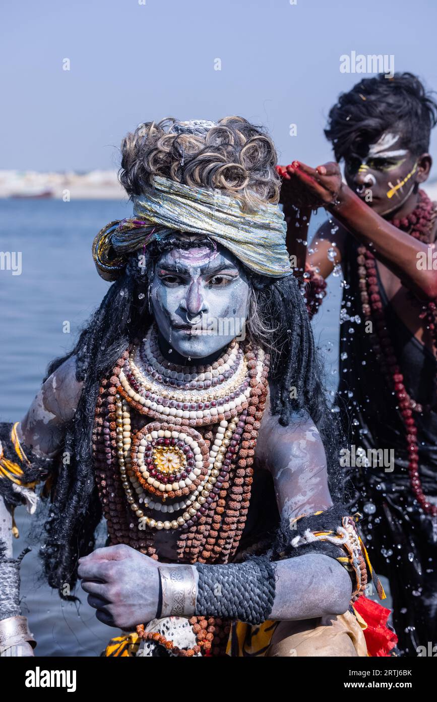 Masan Holi, Portrait of an male artist with painted face act as lord ...