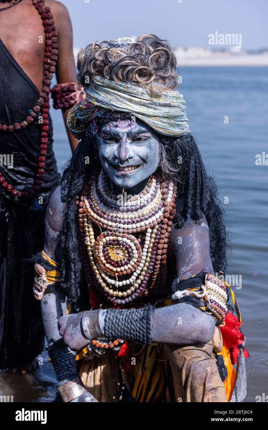 Masan Holi, Portrait of an male artist with painted face act as lord ...