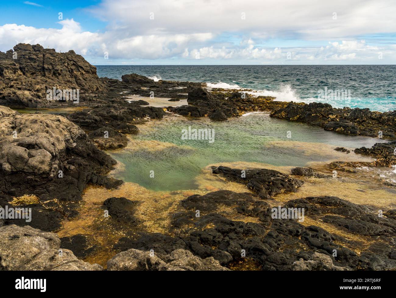 Tidal pools on the lava rock plateau near Kilauae point on north coast ...