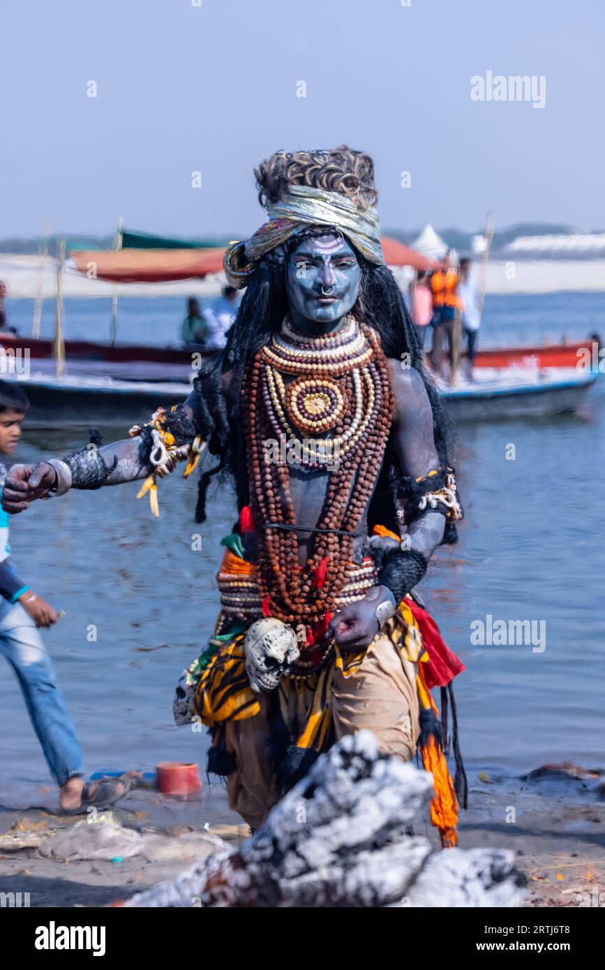 Masan Holi, Portrait of an male artist with painted face act as lord ...