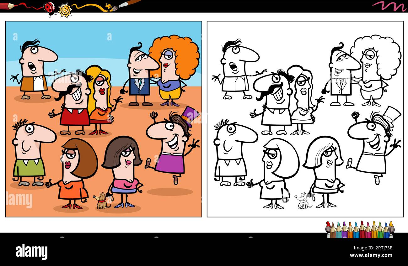 Cartoon illustrations of funny people comic characters group coloring ...