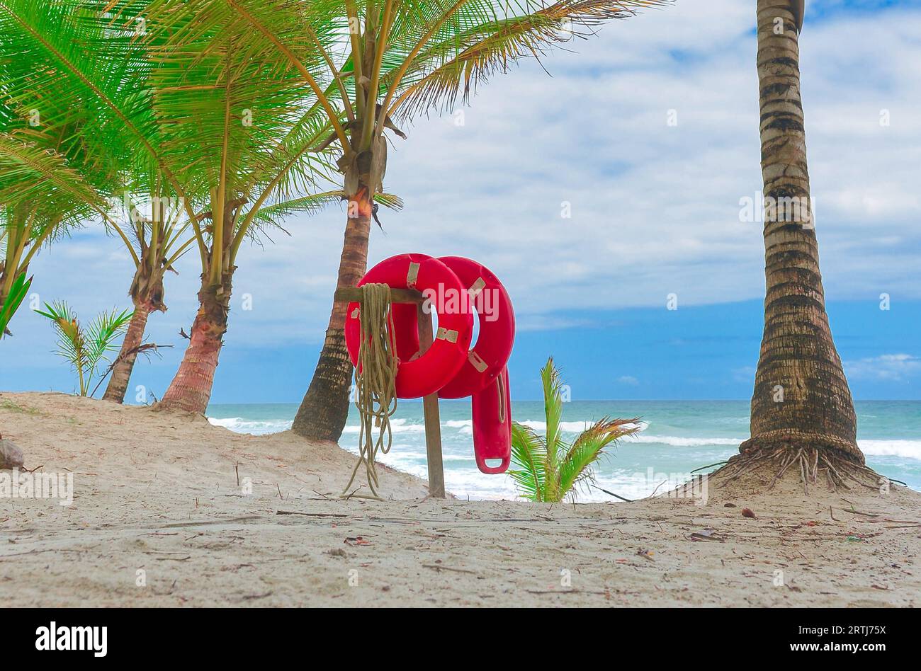 Red color Life buoy on the beach with bright sand and blue sky on the ...