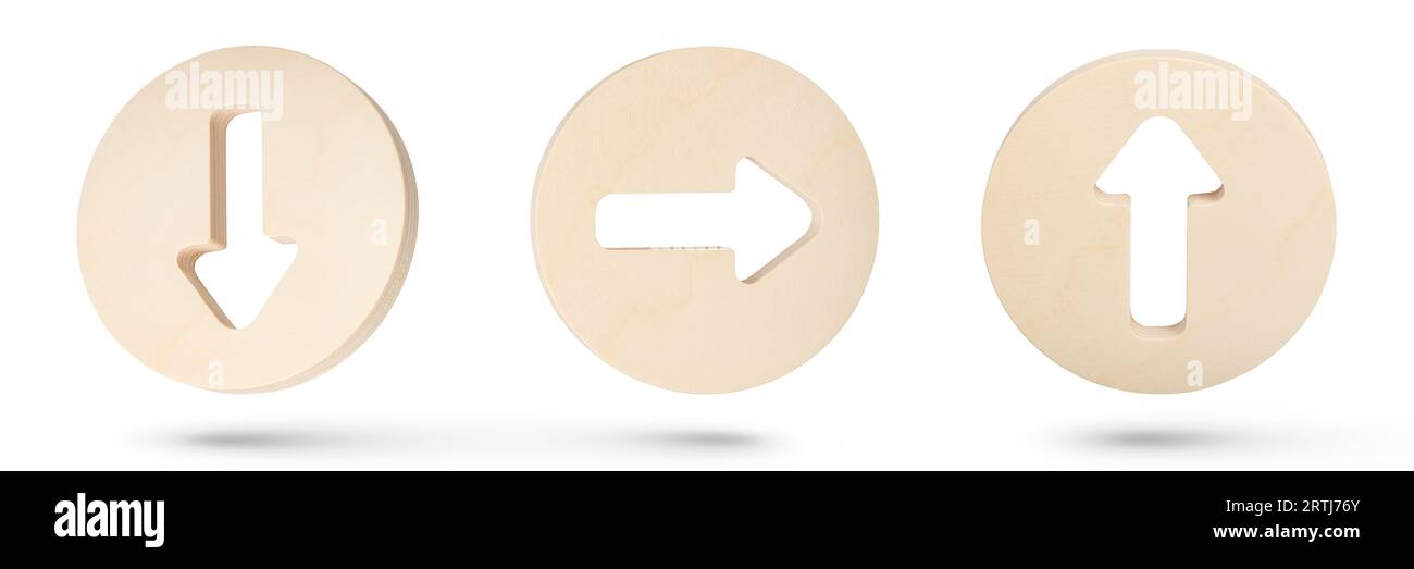 Wooden arrows point in different directions on a white isolated ...