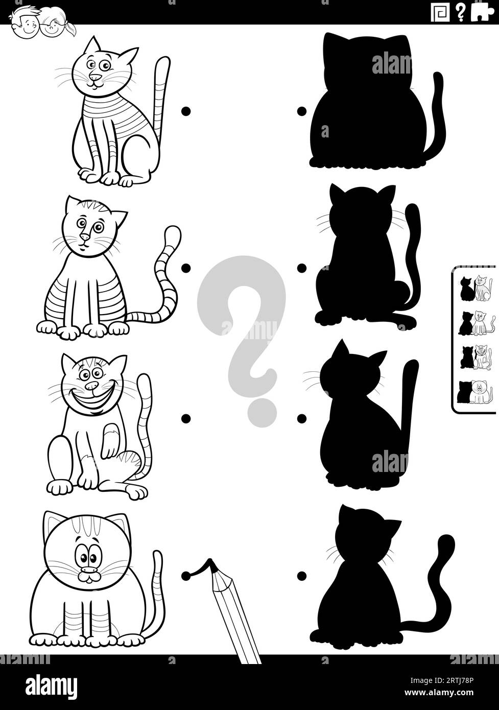 Black and white cartoon illustration of match the right shadows with ...