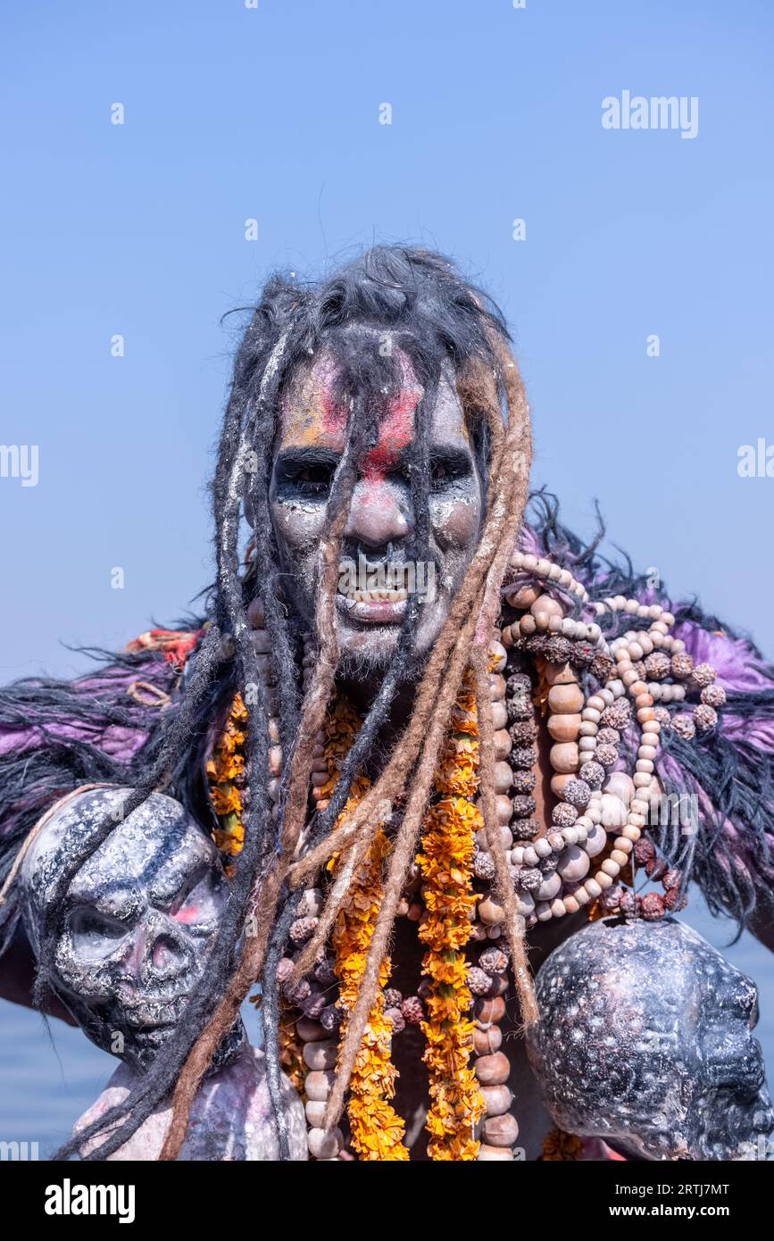 Masan Holi, Portrait of an male artist with painted face act as lord ...