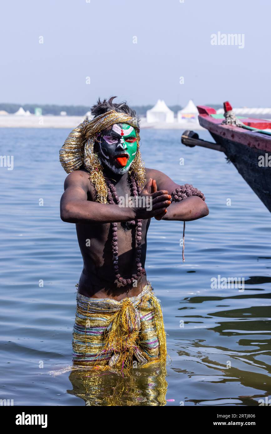 Masan Holi, Portrait of an male artist with painted face act as lord ...