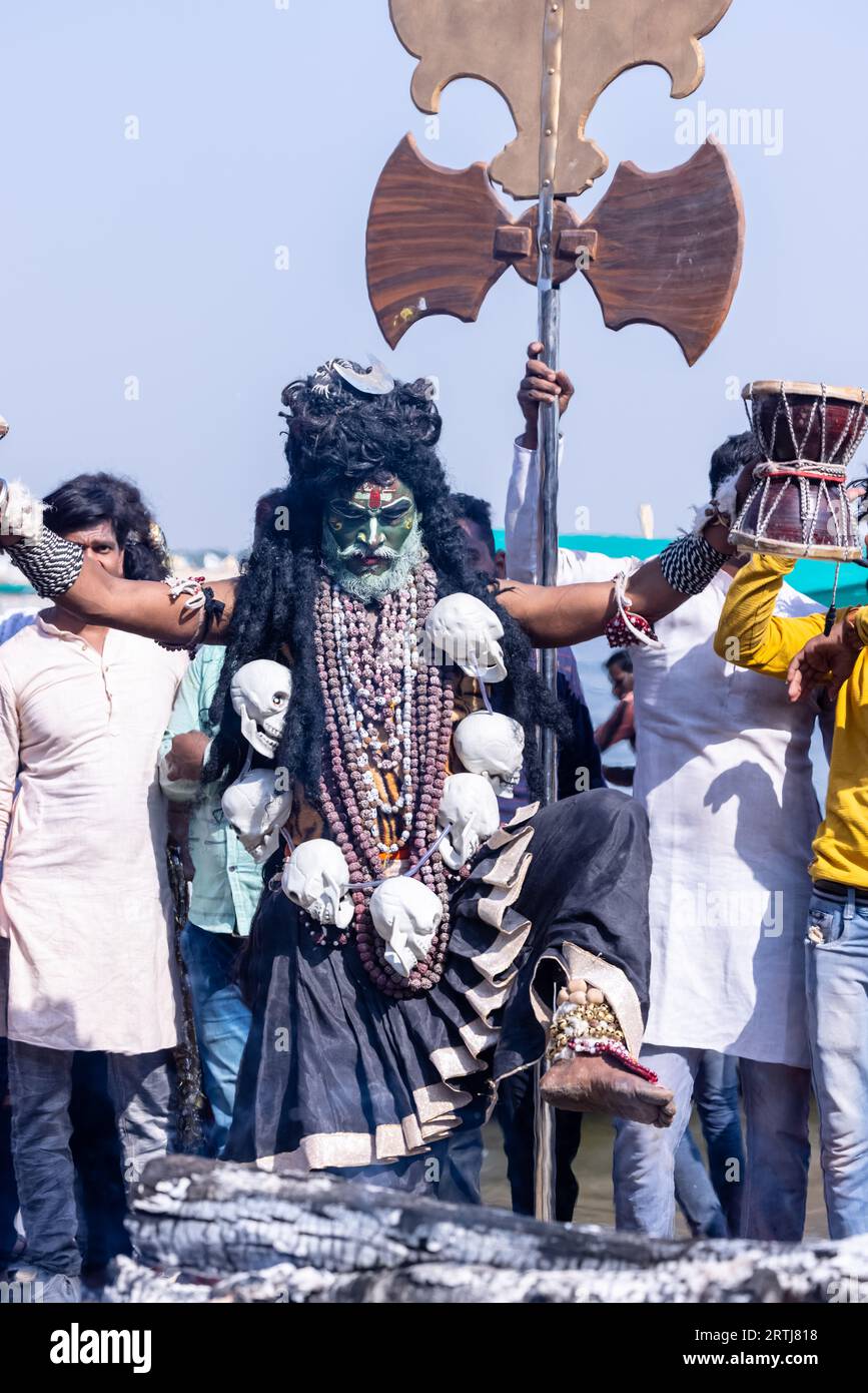 Masan Holi, Portrait of an male artist with painted face act as lord ...
