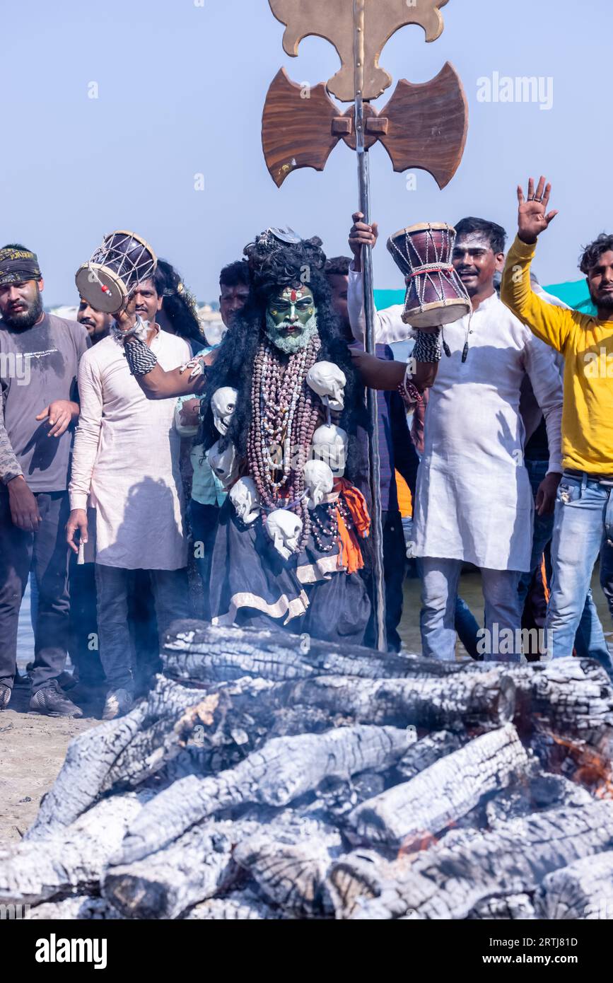 Masan Holi, Portrait of an male artist with painted face act as lord ...
