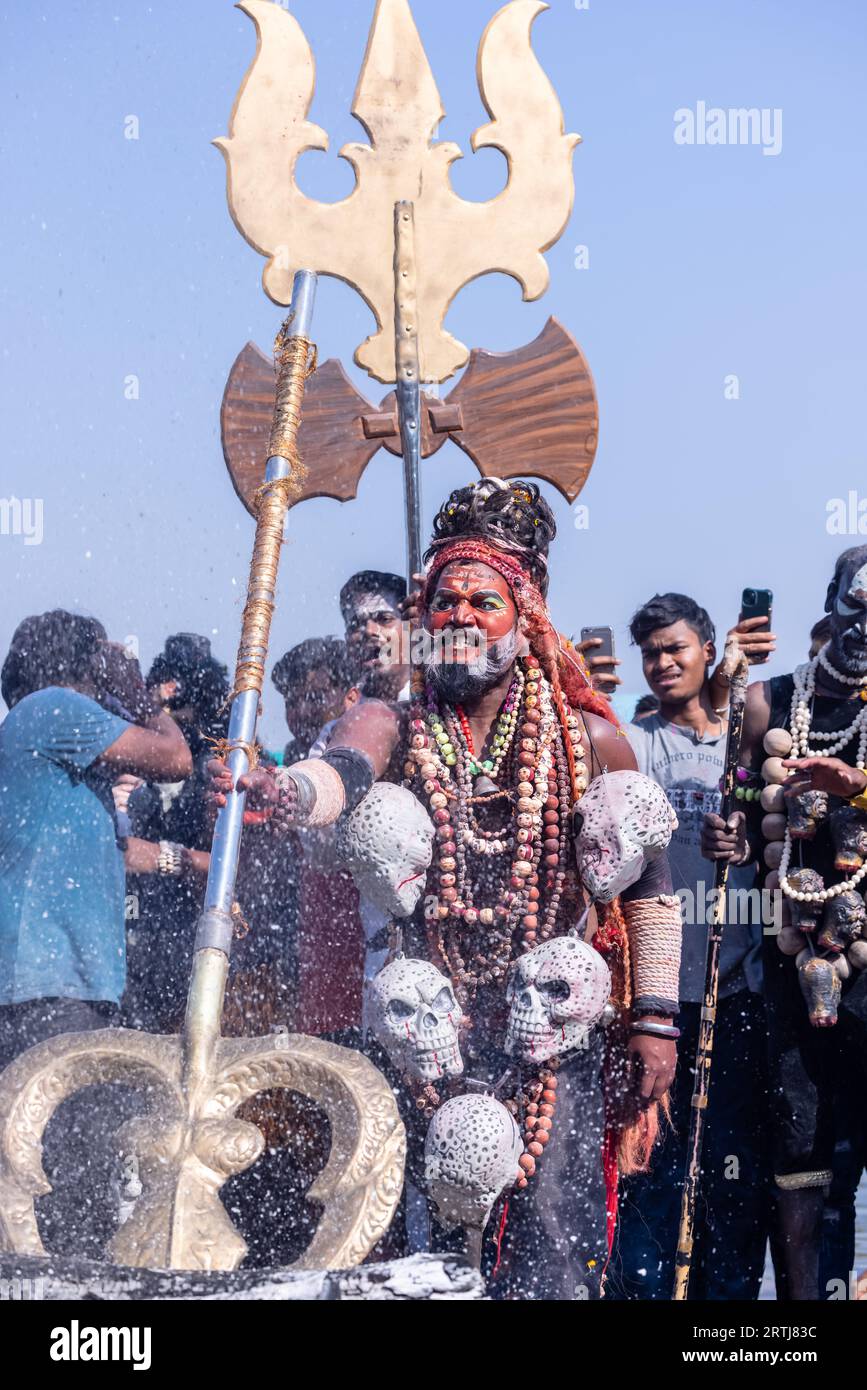 Masan Holi, Portrait of an male artist with painted face act as lord ...