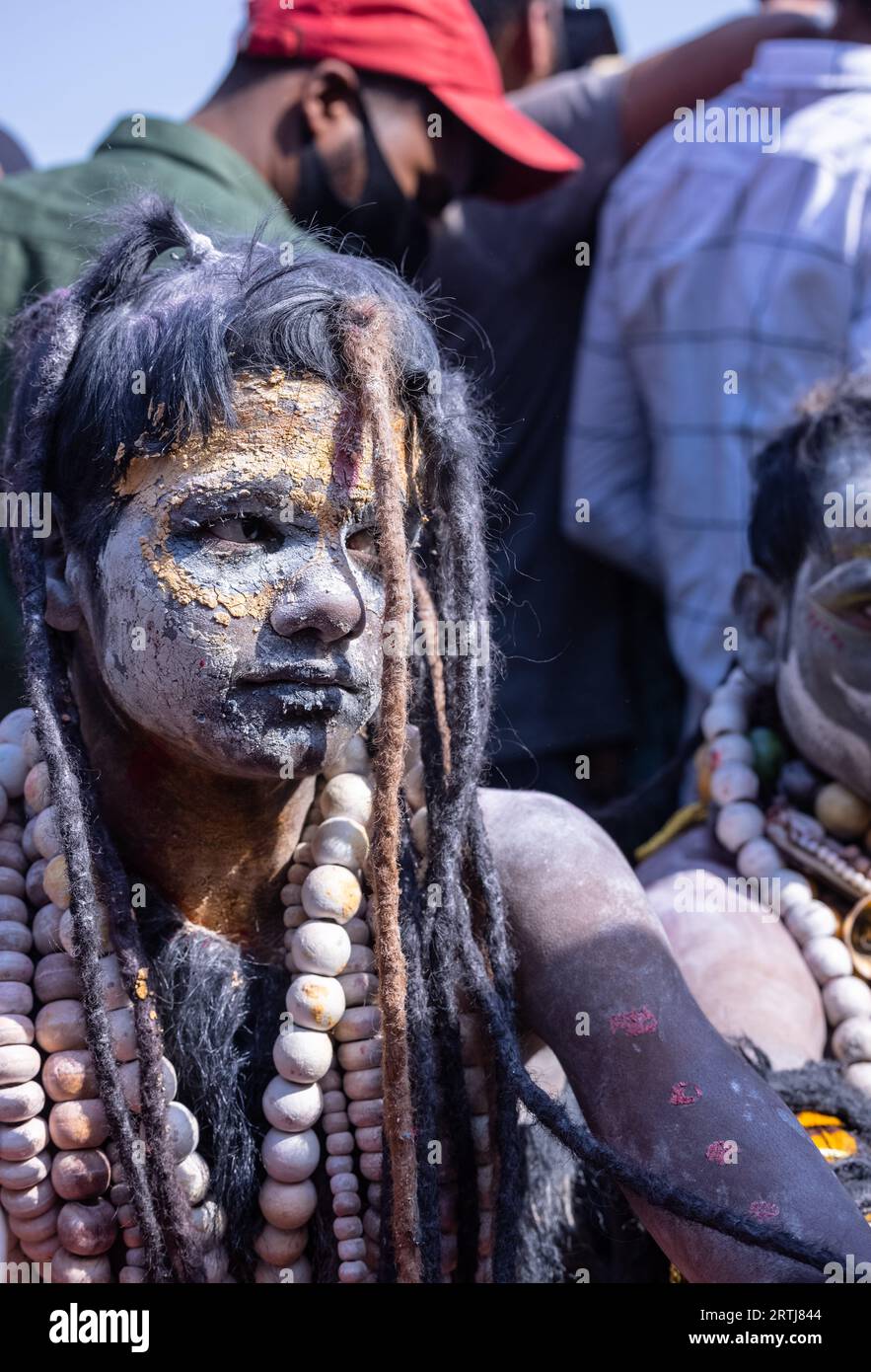 Masan Holi, Portrait of an male artist with painted face act as lord ...