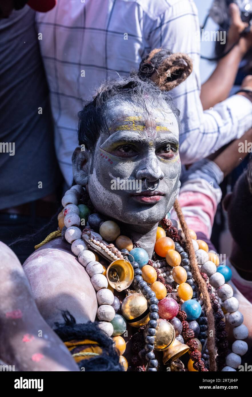 Masan Holi, Portrait of an male artist with painted face act as lord ...