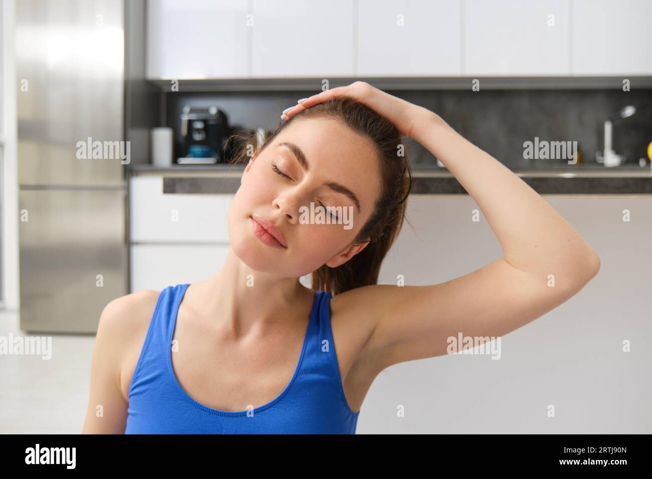 Close Up Potrait Of Fitness Woman Does Training Workout From Home