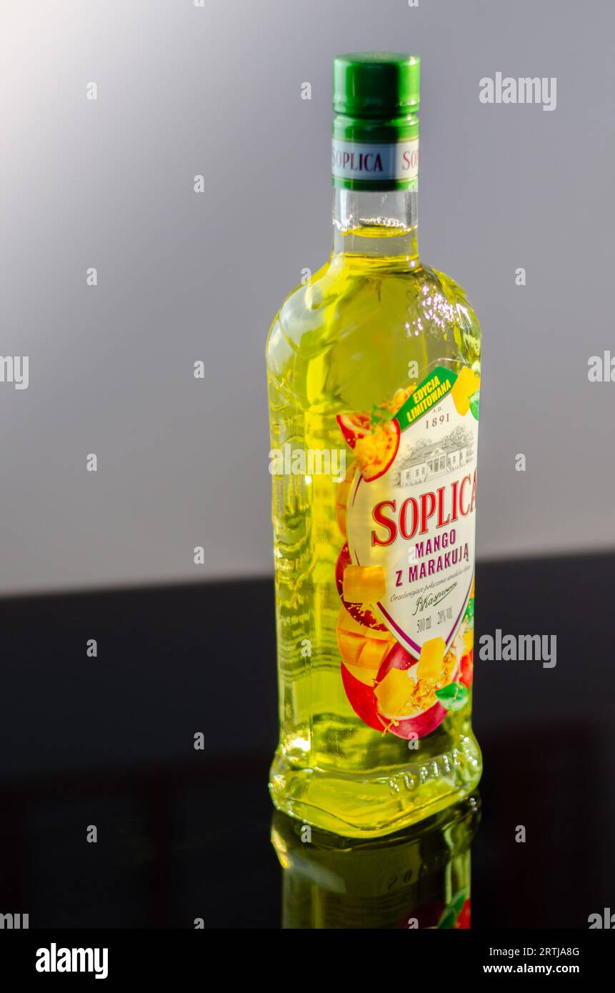 LONDON, UK - 07 SEPTEMBER 2023 Soplica Mango Maracuja Vodka is a ...