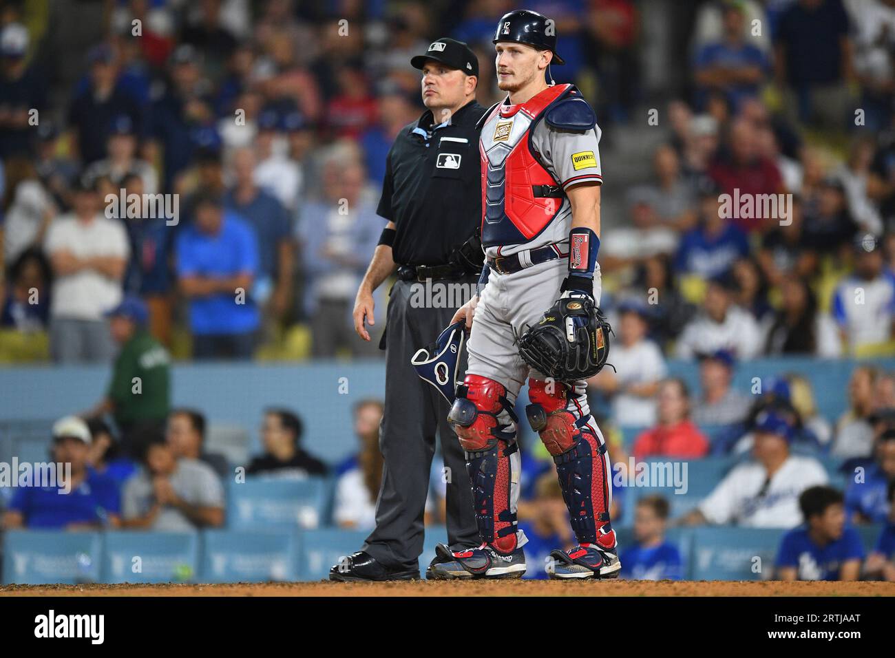 LOS ANGELES, CA - AUGUST 31: Atlanta Braves catcher Sean Murphy (12) looks on during the MLB ...
