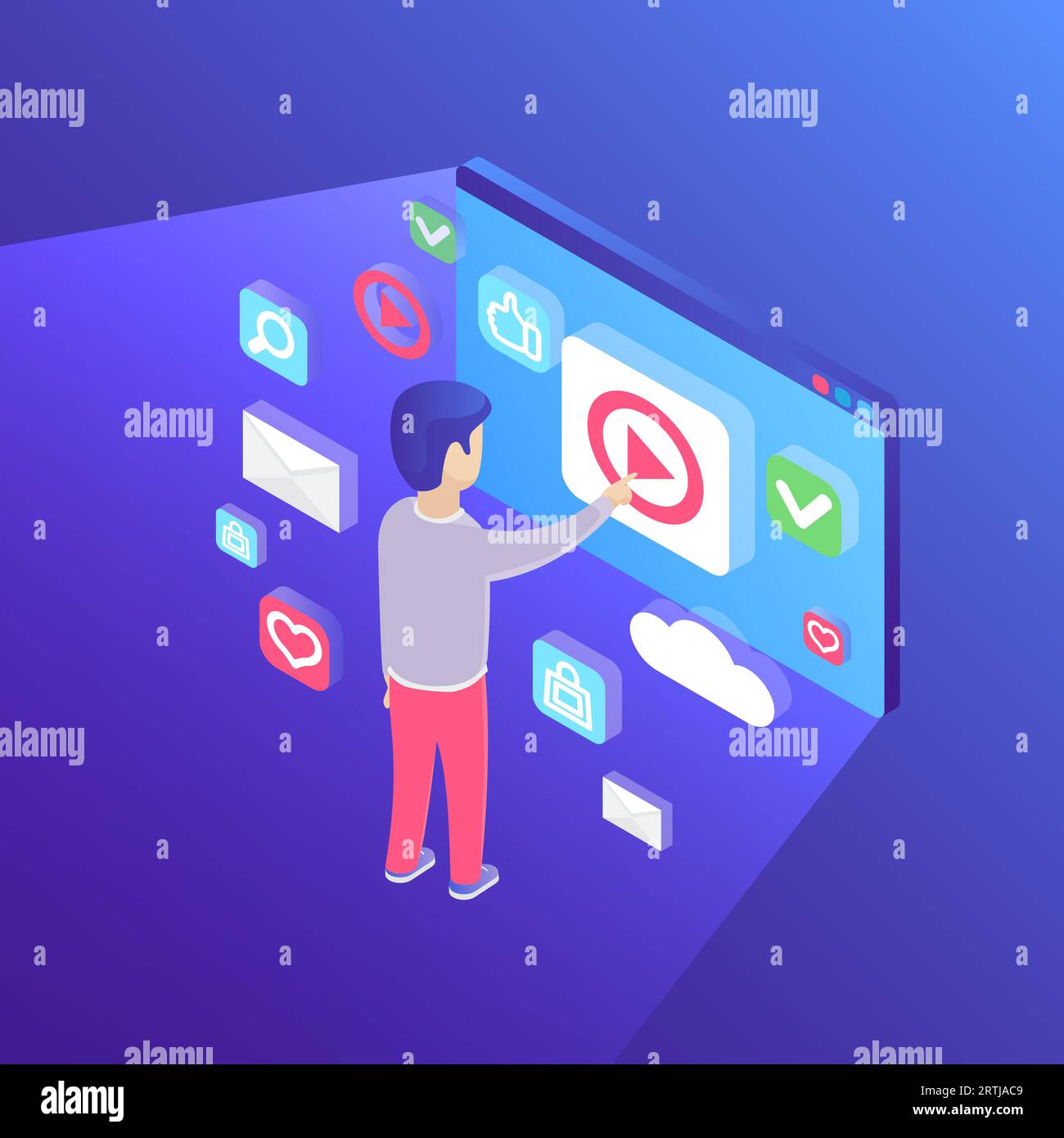 Man touching big screen isometric vector illustration Stock Vector ...