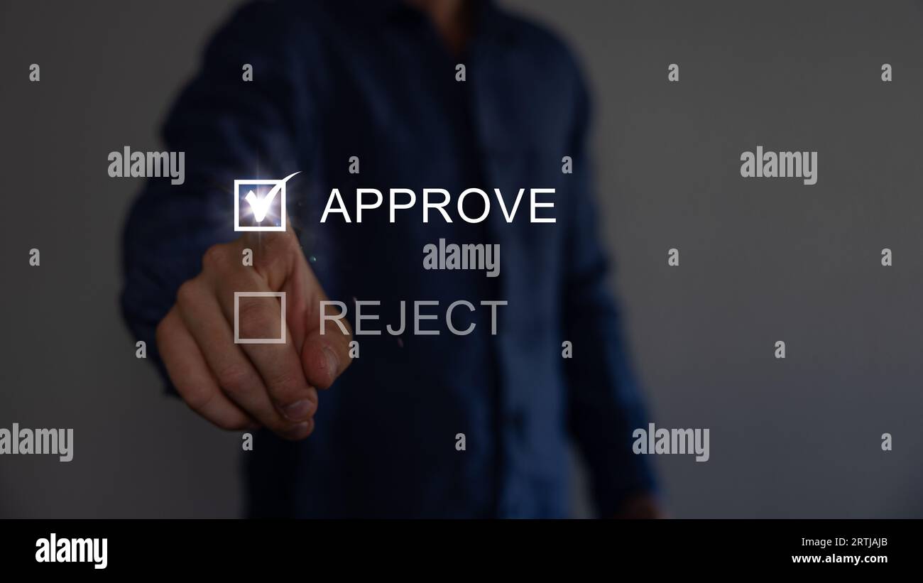 Approve concept. businessman touching check mark to approve document or ...