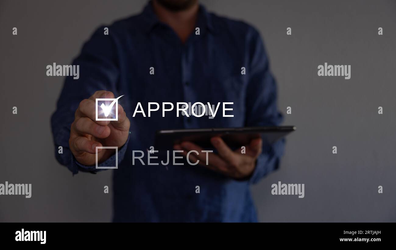 Approve concept. businessman touching check mark to approve document or ... Approve concept. businessman touching check mark to approve document or ...