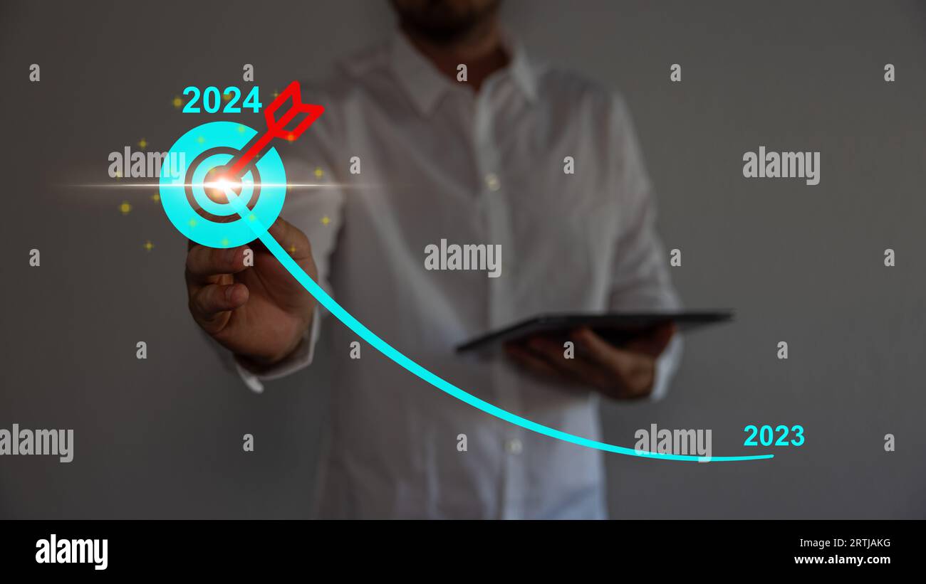 Double exposure of business growth data chart arrow with diagram 2024 ...