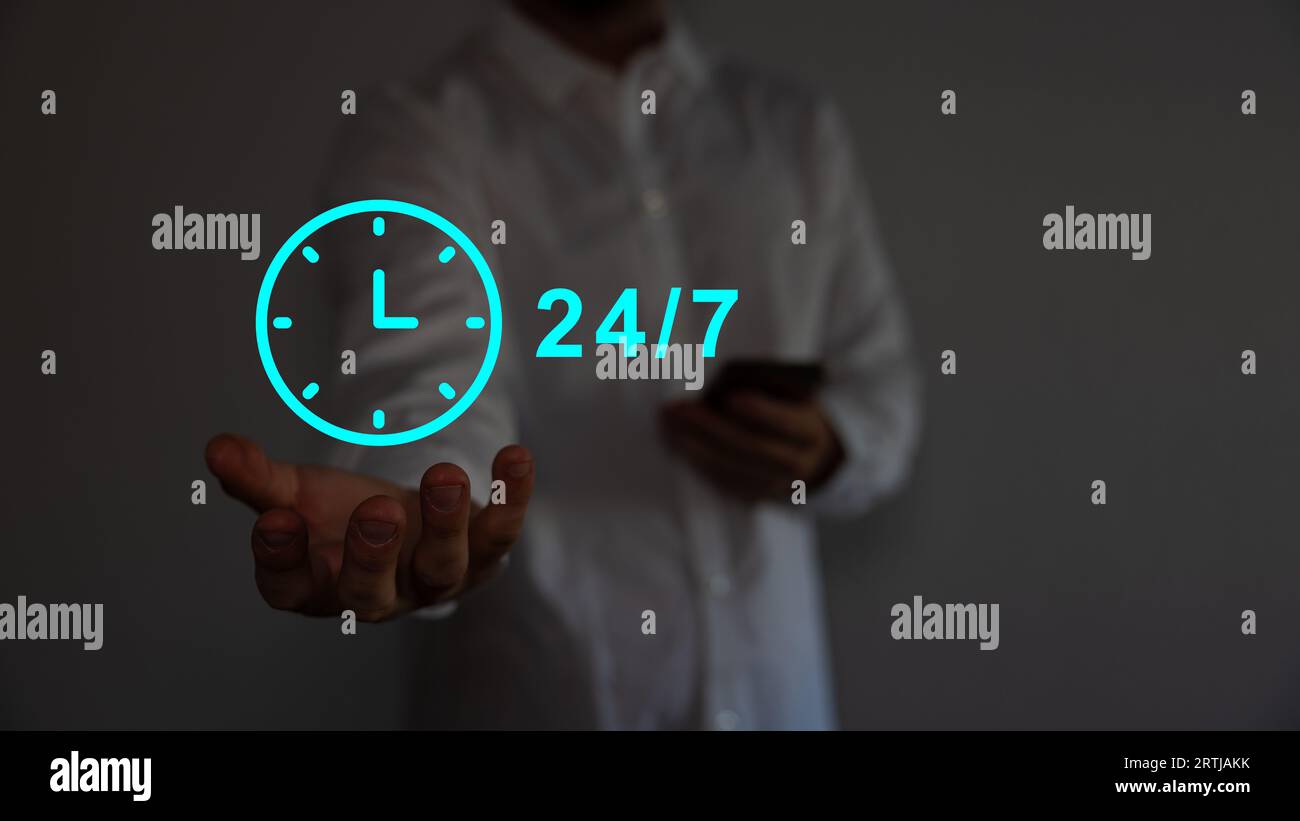 Call center support holding phone with 24-7 icon for worldwide nonstop ...