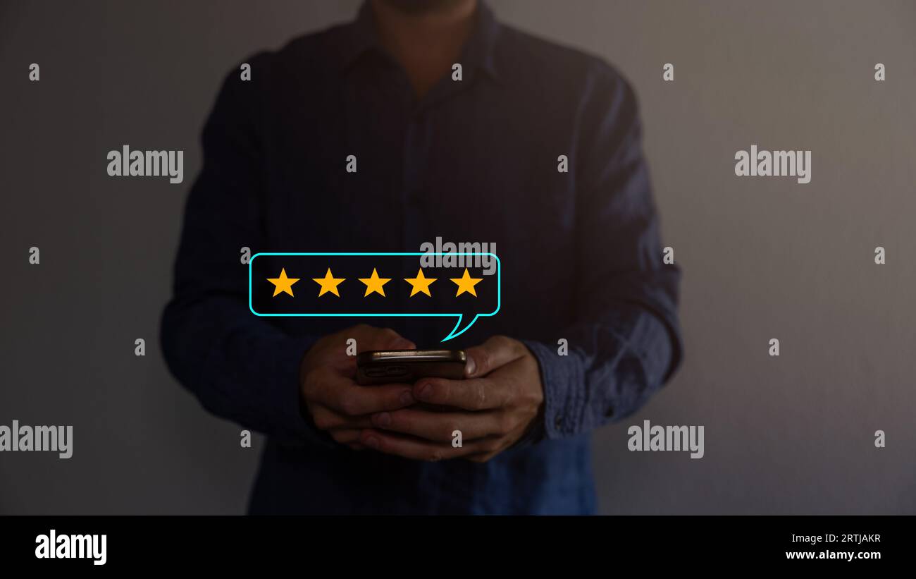 Customer pressing satisfaction with gold five star rating feedback icon ...