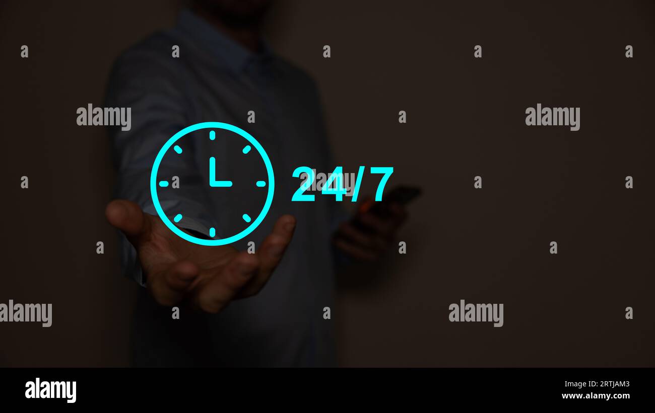 Call center support holding phone with 24-7 icon for worldwide nonstop ...