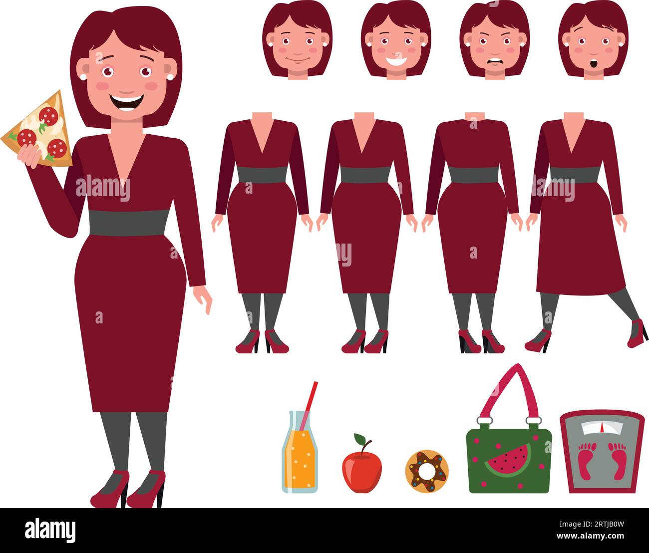 Fat lady in dress eating pizza character set Stock Vector Image & Art ...
