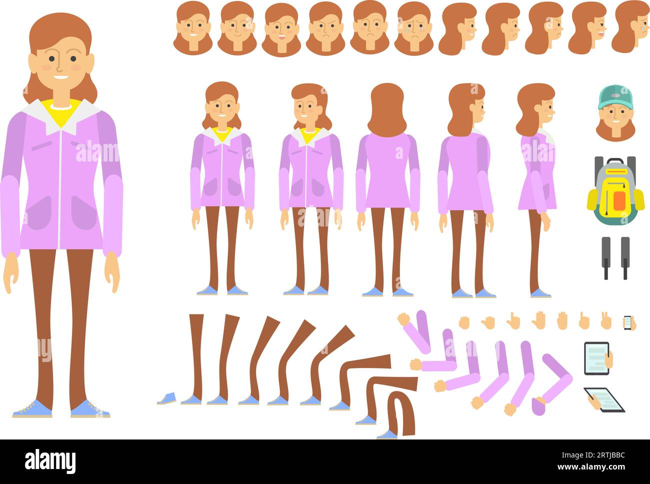 Student girl character set with different poses, emotions Stock Vector ...