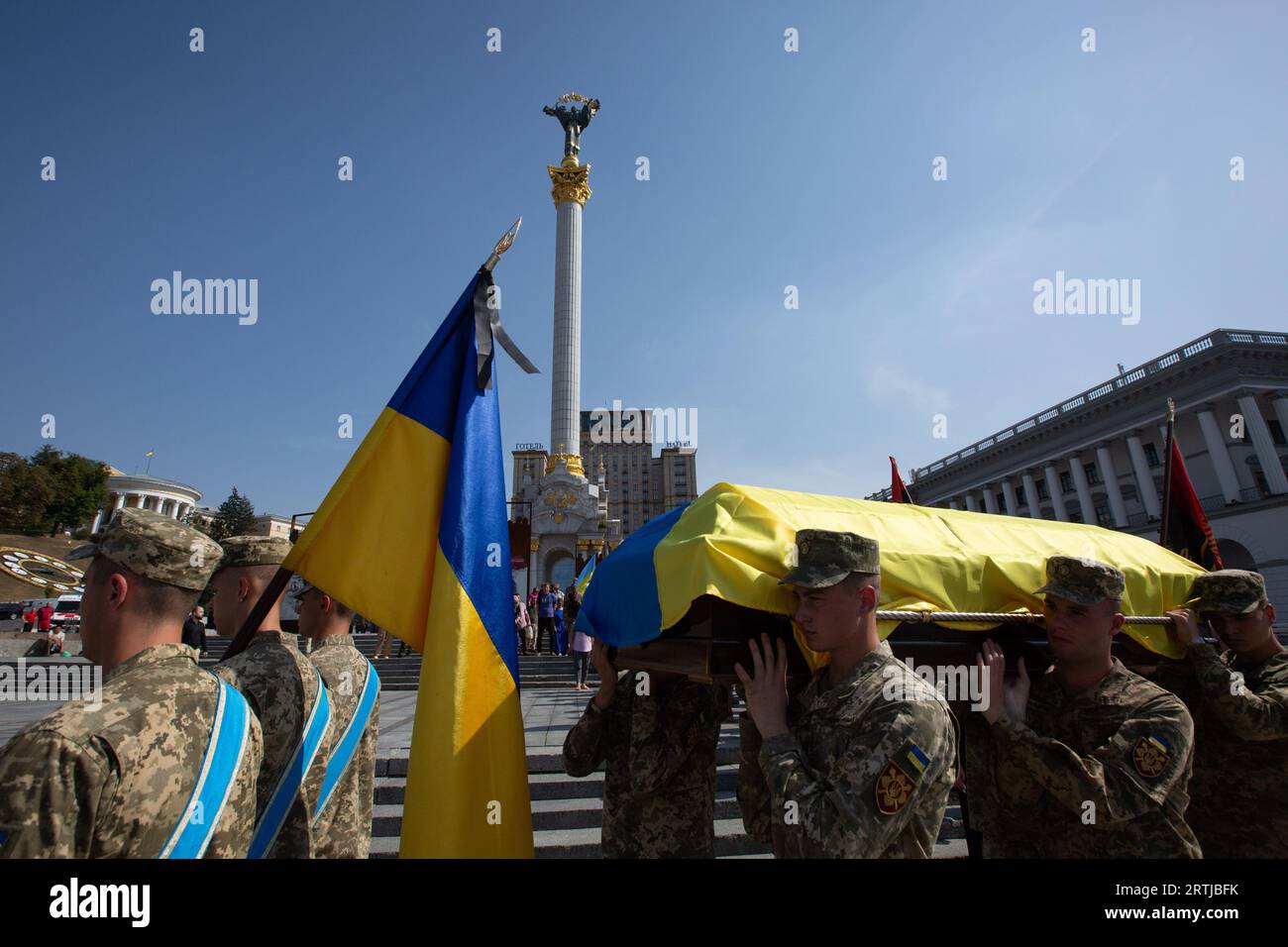 Honor guard soldiers seen carrying the coffin of the deceased Sergii ...