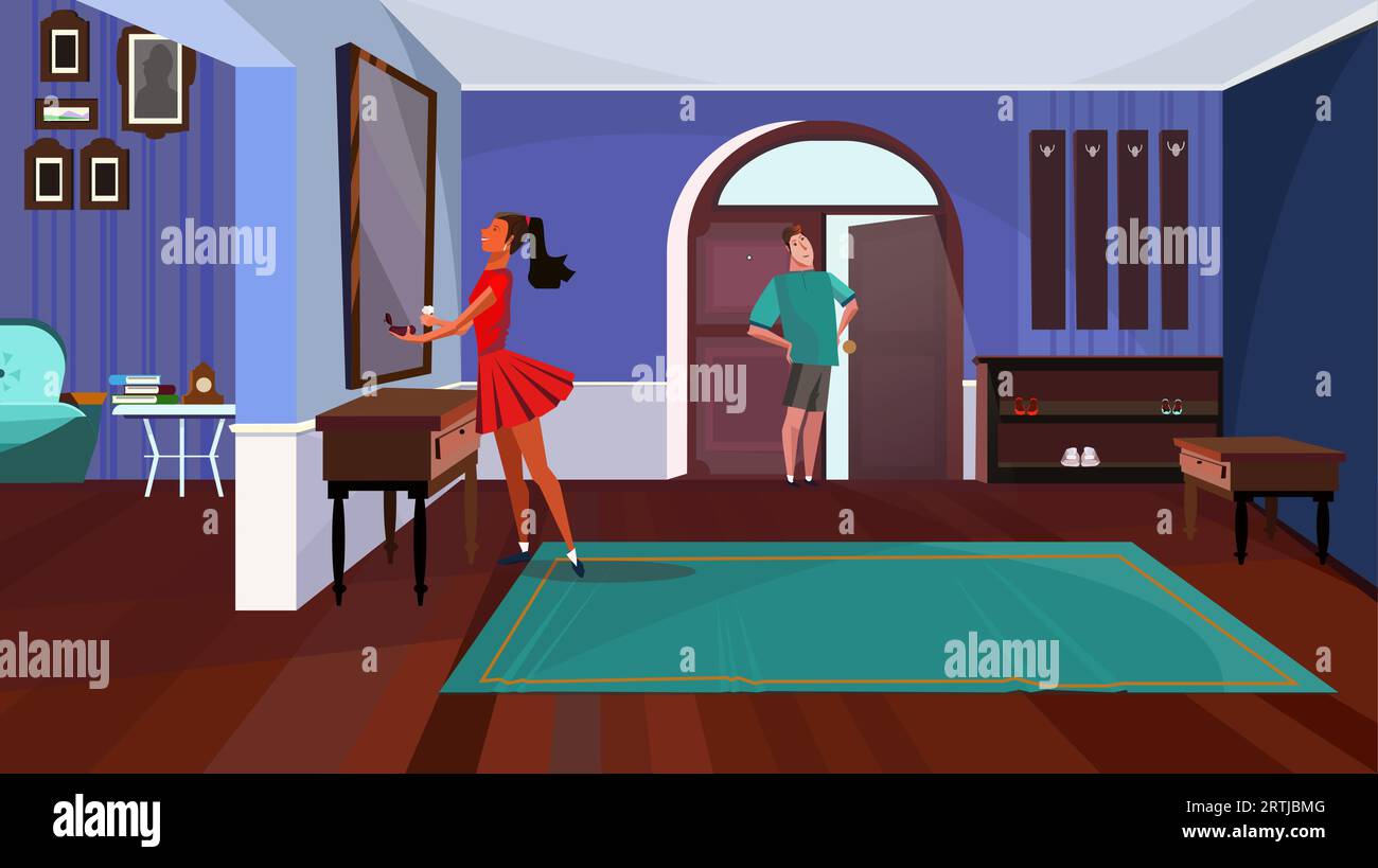 Lady standing in front of mirror in corridor vector illustration Stock ...