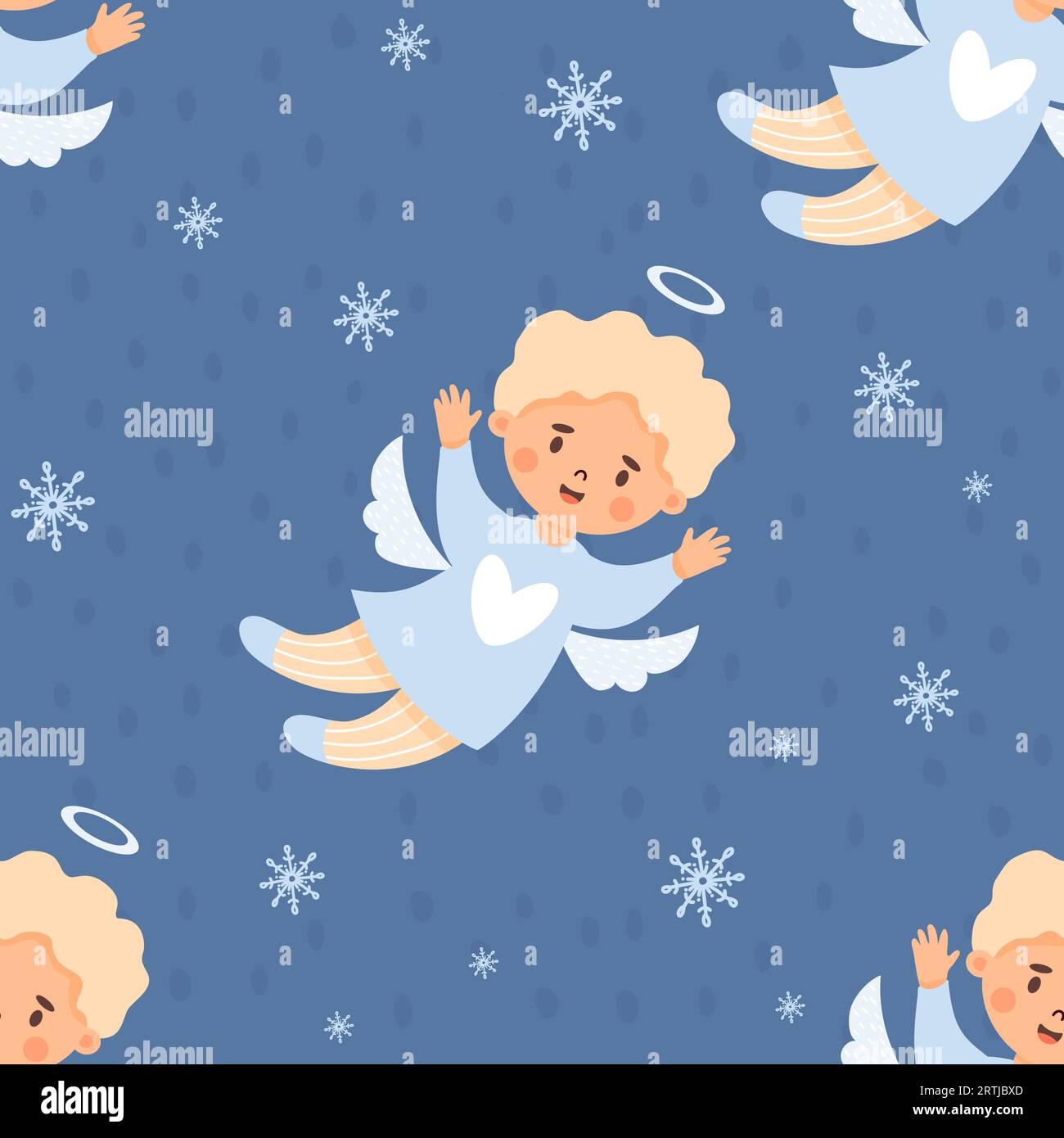 Christmas seamless pattern. Cute angel boy on blue background with ...