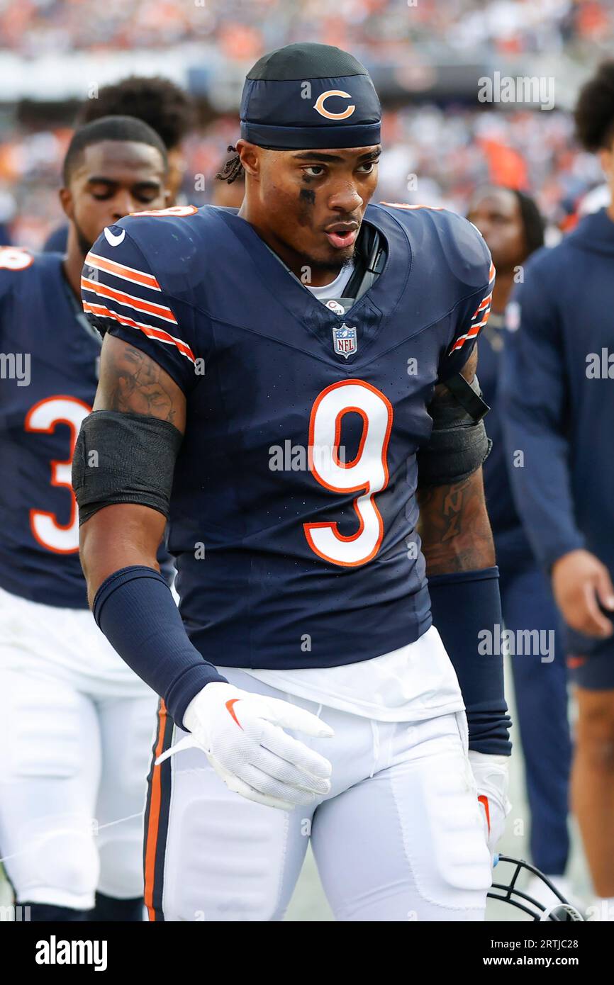 Chicago Bears safety Jaquan Brisker (9) walks off the field after the ...