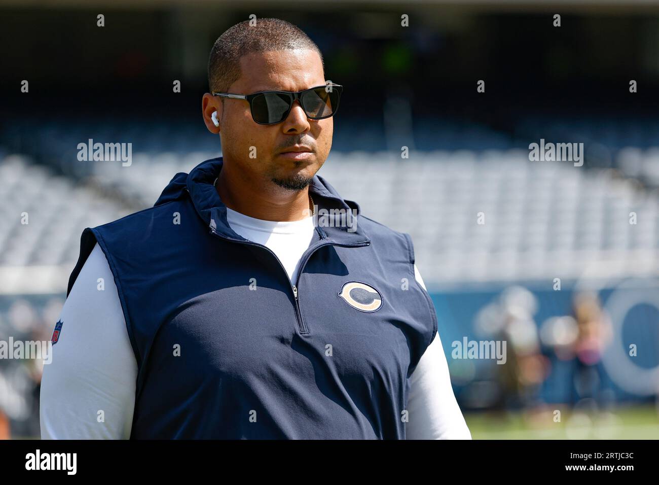 Chicago Bears general manager Ryan Poles walks on the field prior to an ...