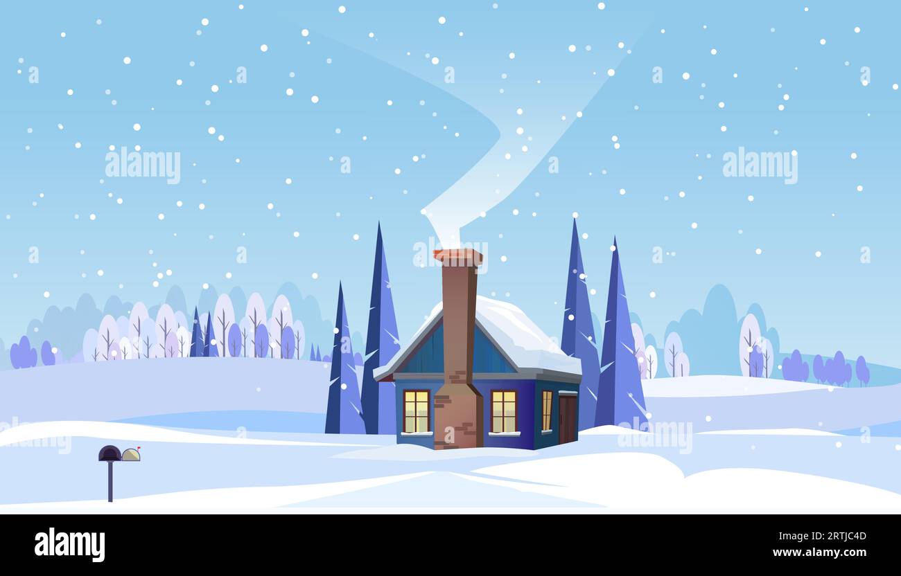 Winter landscape with small house and smoking chimney Stock Vector ...