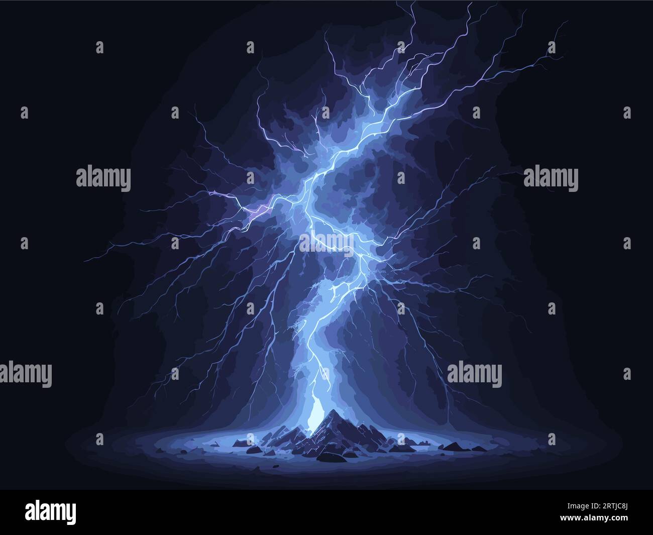 Blue electric lightning on black background. Lightning over rocks. 3d ...