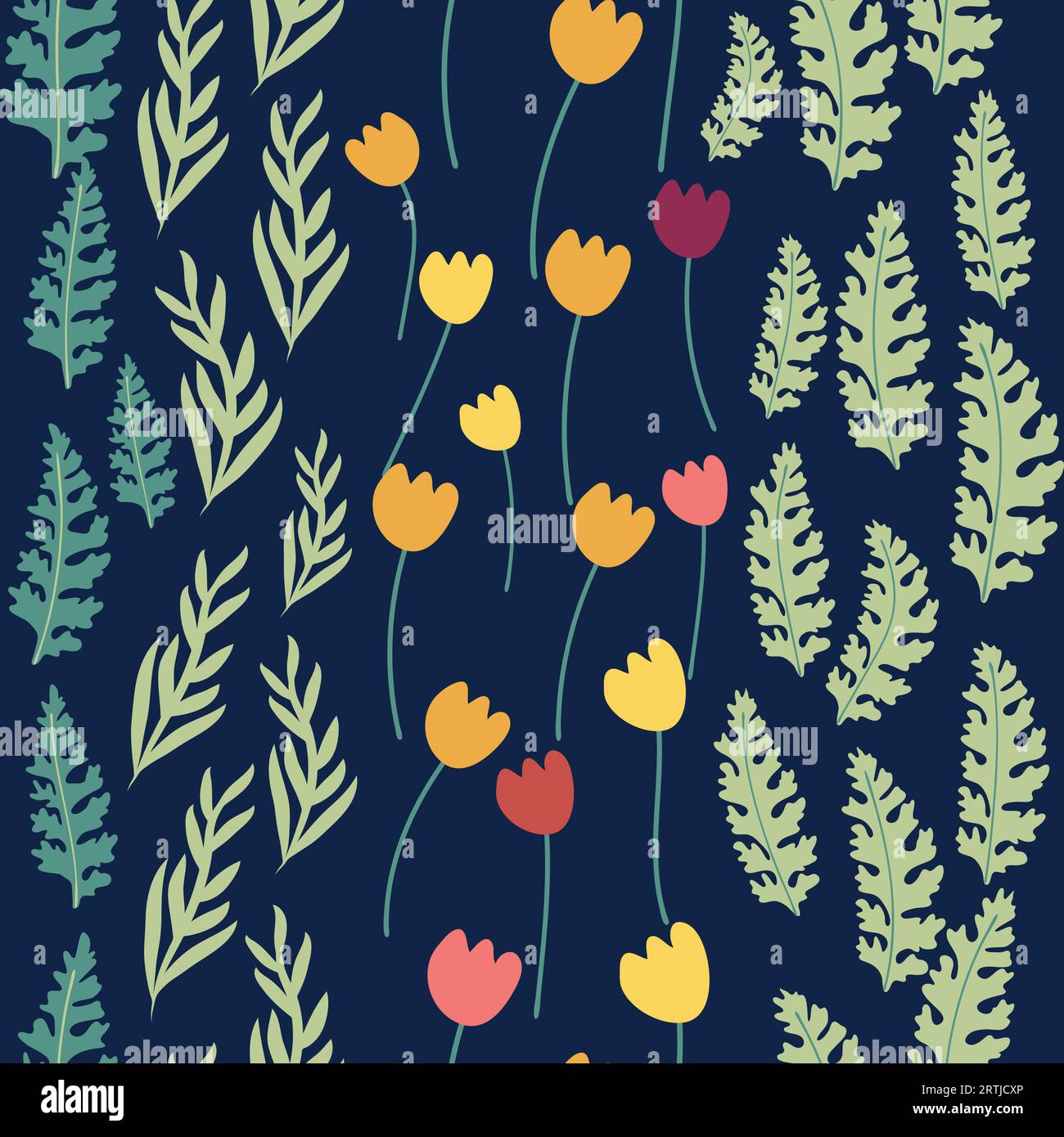 Seamless floral pattern with colorful tulip flowers, leaves and petals. Hand drawn spring ...