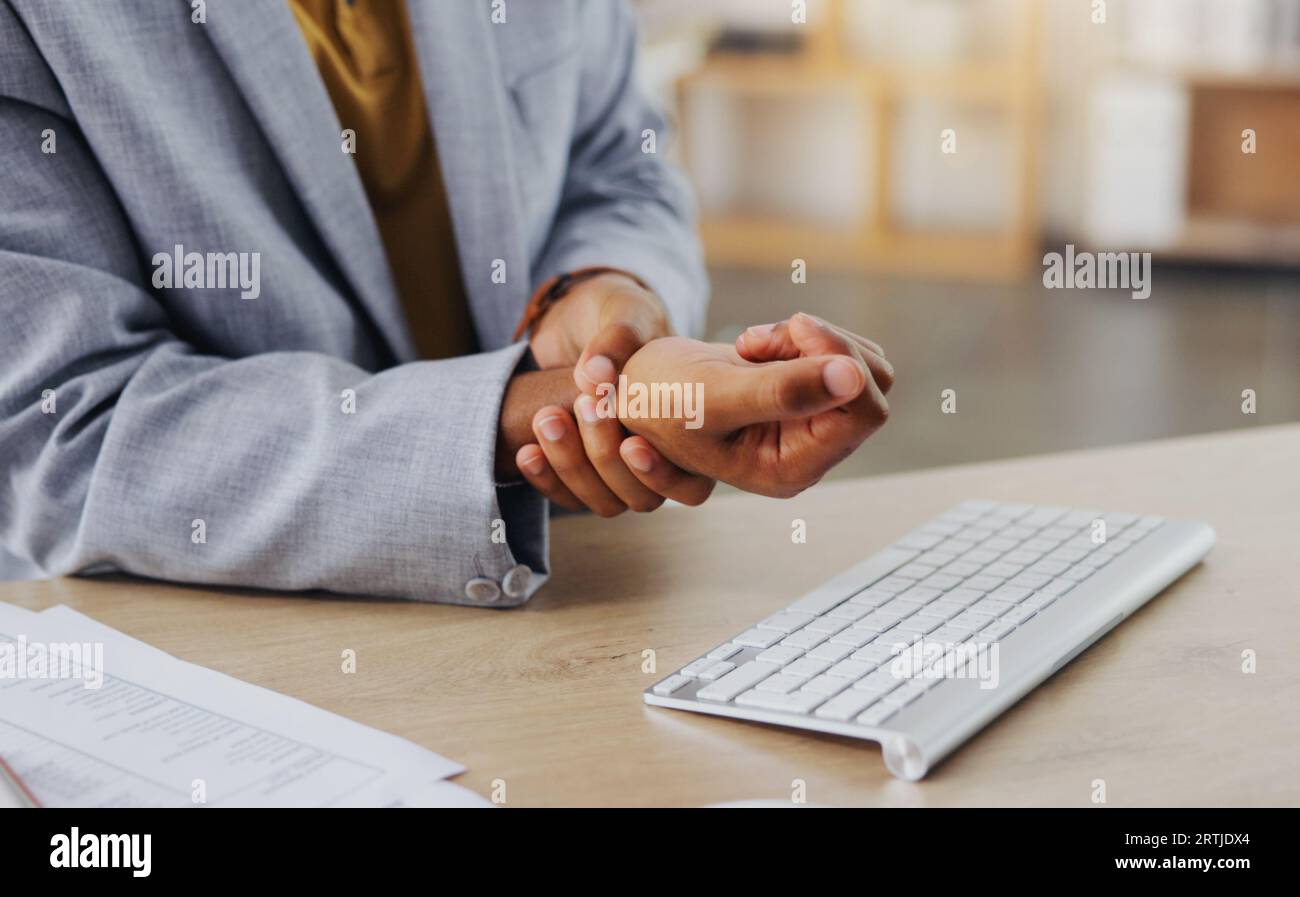 Hands of business man with problem, carpal tunnel syndrome or sore ...