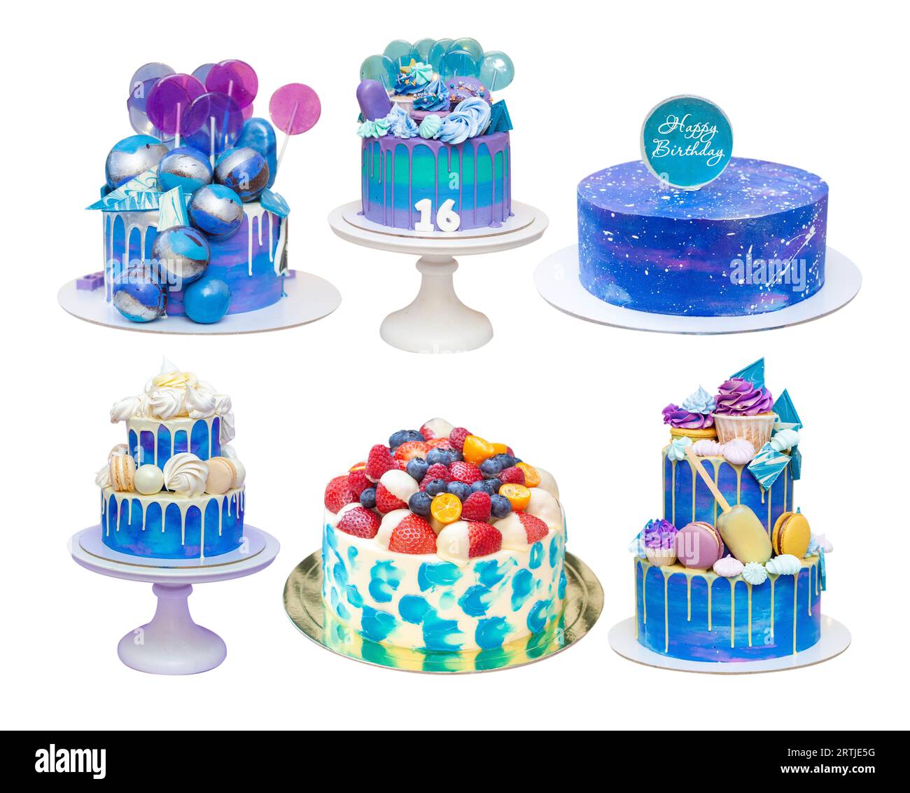 Collection of different beautiful blue birthday cakes isolated on white ...