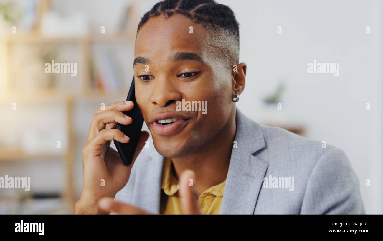 Phone call, business communication and black man talking, discussion or ...