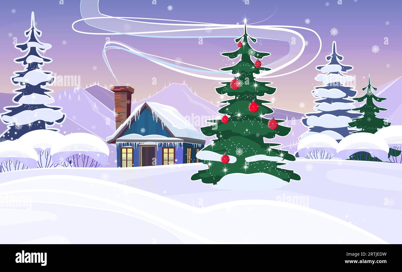 Winter landscape with house and decorated fir-tree Stock Vector Image ...