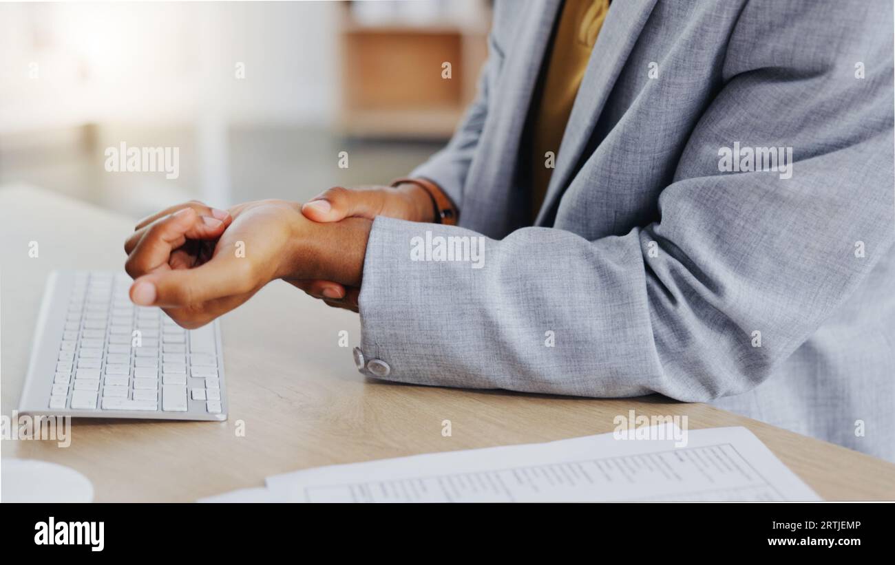 Hands of business man with problem, carpal tunnel syndrome or sore ...