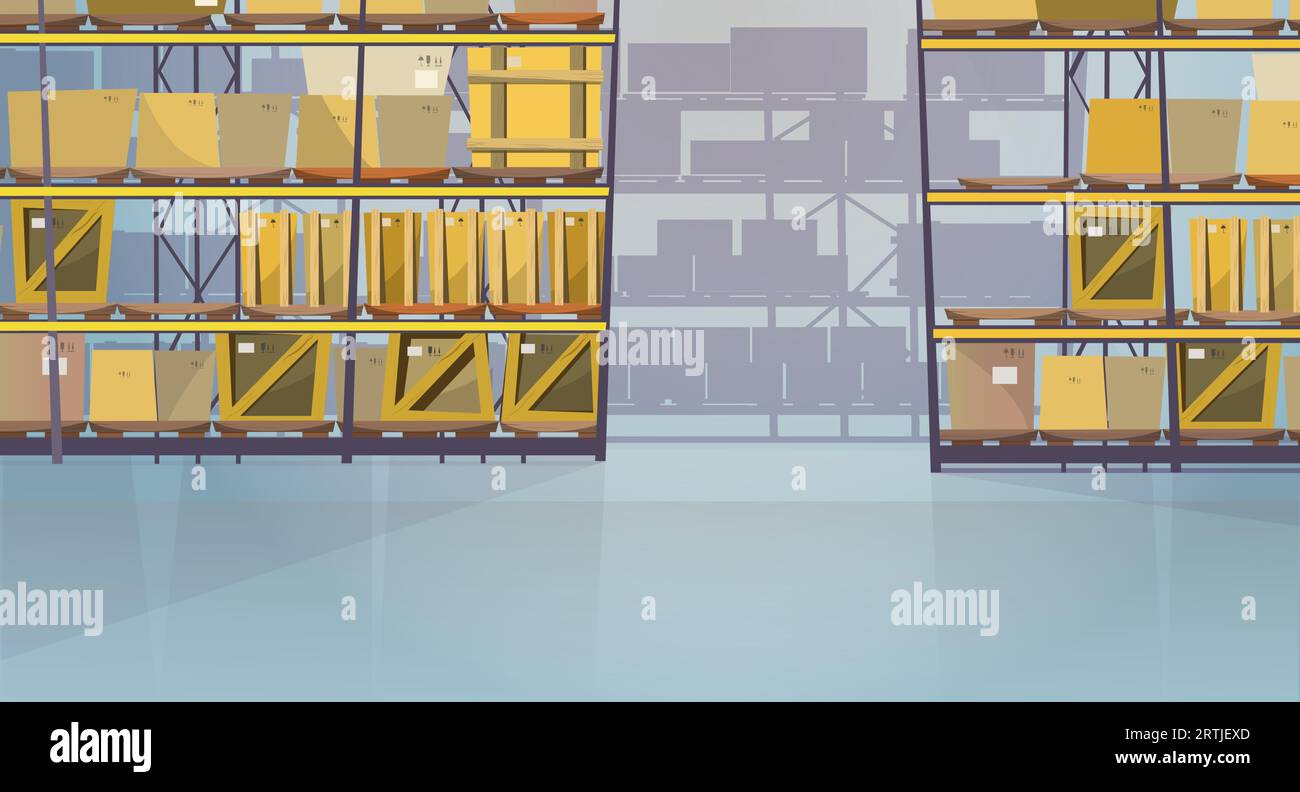 Large warehouse room with boxes on shelves vector illustration Stock ...