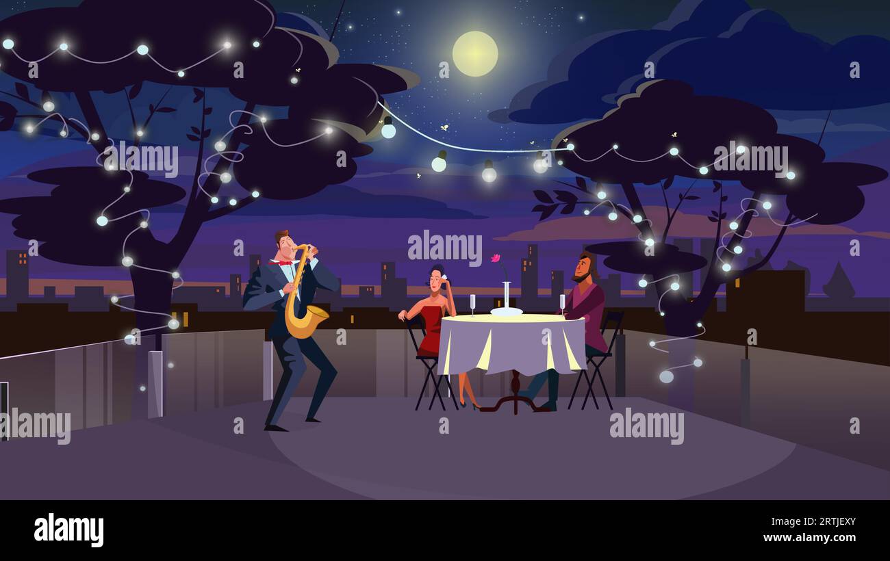 Couple at romantic dinner outdoors illustration Stock Vector Image ...