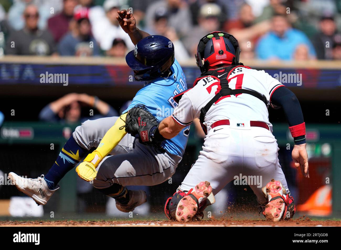 Tampa Bay Rays' Osleivis Basabe is tagged out by Minnesota Twins ...