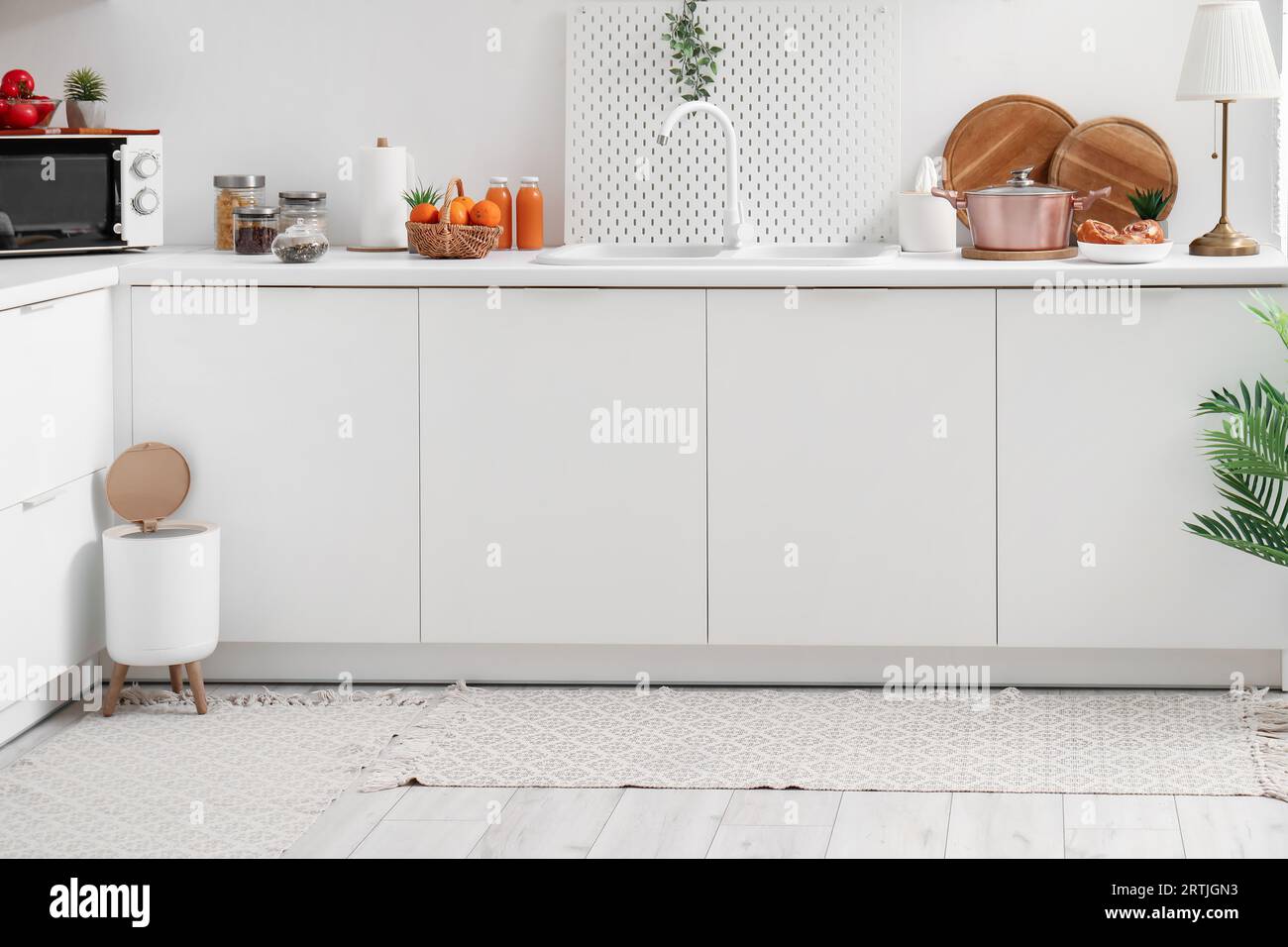 Interior of modern kitchen with stylish rug, trash bin and white ...